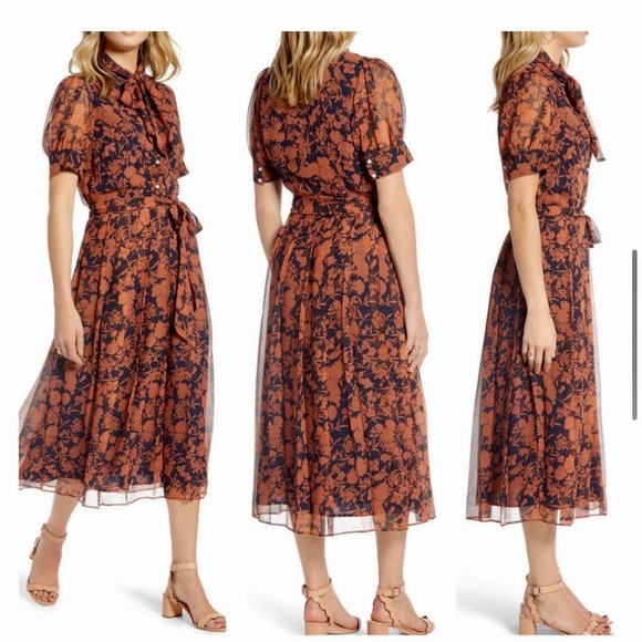 1901 | Dresses | 91 Navy And Orange Floral Chiffon Pearl Button Pleated ...